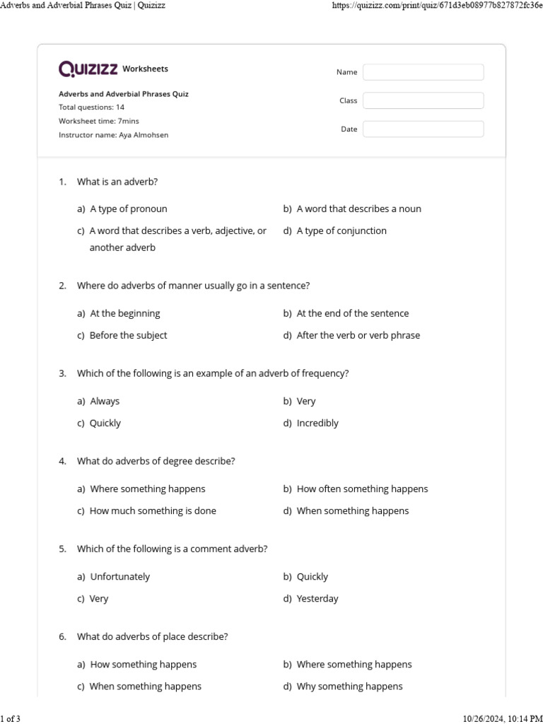 Adverbs and Adverbial Phrases Quiz - Quizizz | PDF | Adverb | Verb