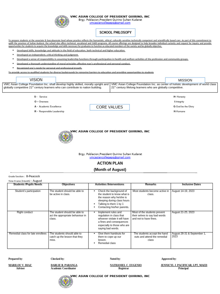 VMC Asian College Action Plans | PDF | Teachers | Behavior Modification
