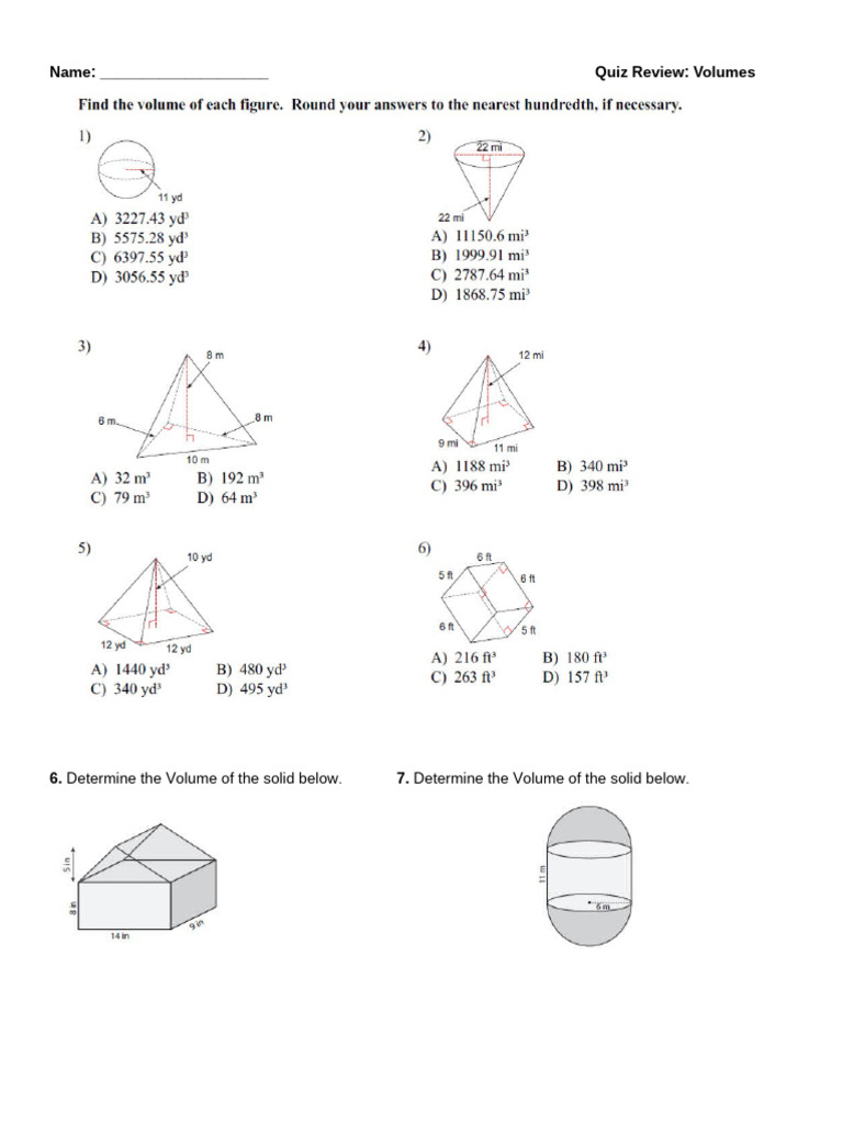 Volume Calculation Quiz Review | PDF