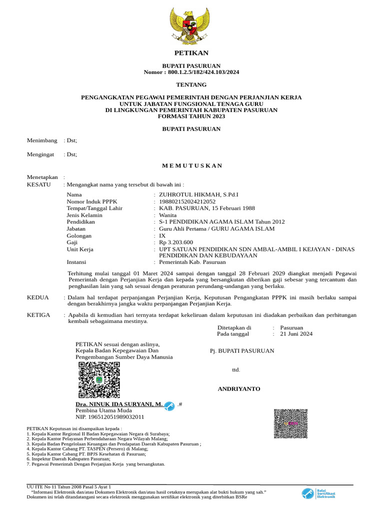 SK P3K 2024 Zuhrotul Hikmah | PDF