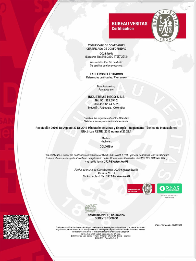 Certificado RETIE INDUSTRIAS HEGO Gabinete | PDF