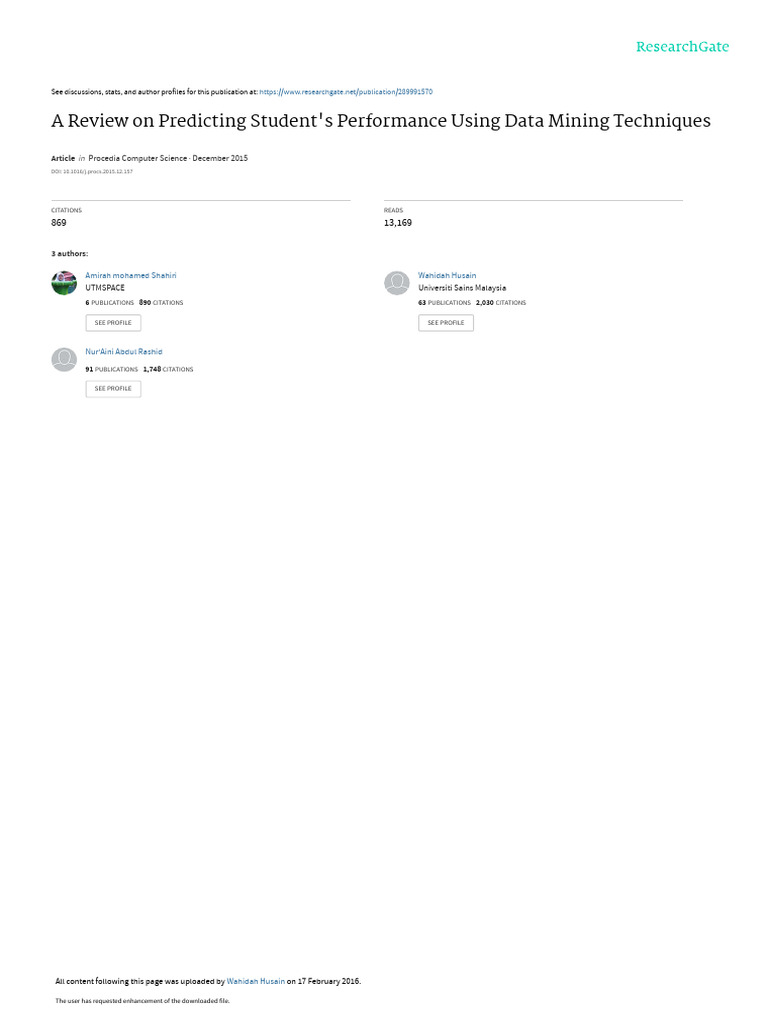 A Review On Predicting Students Performance Using | PDF | Artificial Neural Network | Data Mining