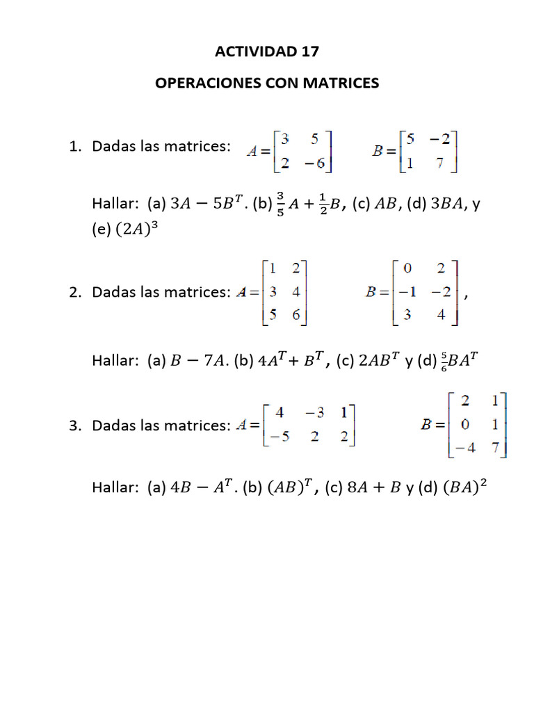 Operaciones con Matrices: Ejercicios | PDF