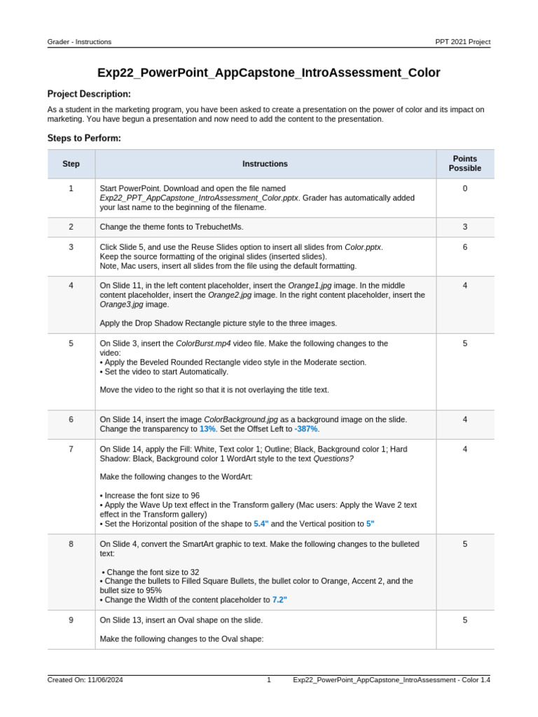 Exp22 PowerPoint AppCapstone IntroAssessment Color Instructions | PDF | Microsoft Power Point ...