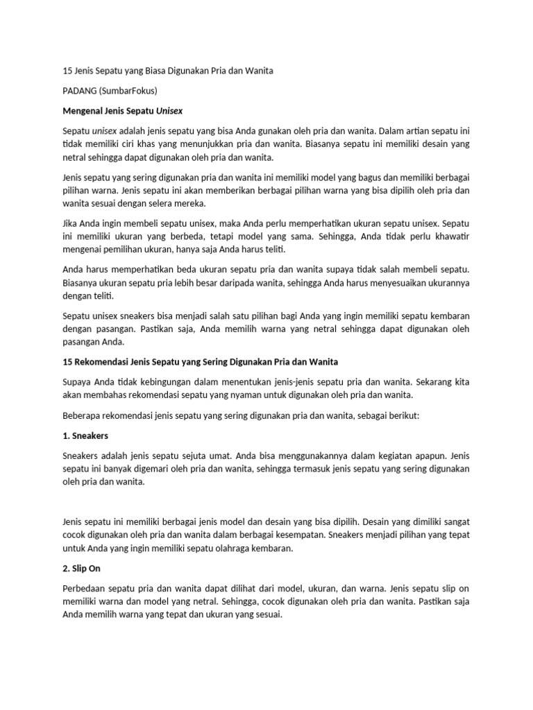 15 Jenis Sepatu Yang Biasa Digunakan Pria Dan Wanita | PDF