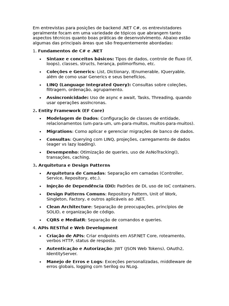 Em Entrevistas Para Posições De Backend Pdf C Sharp Linguagem De 