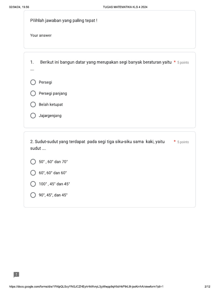 soal mtk kelas 4 2024 | PDF