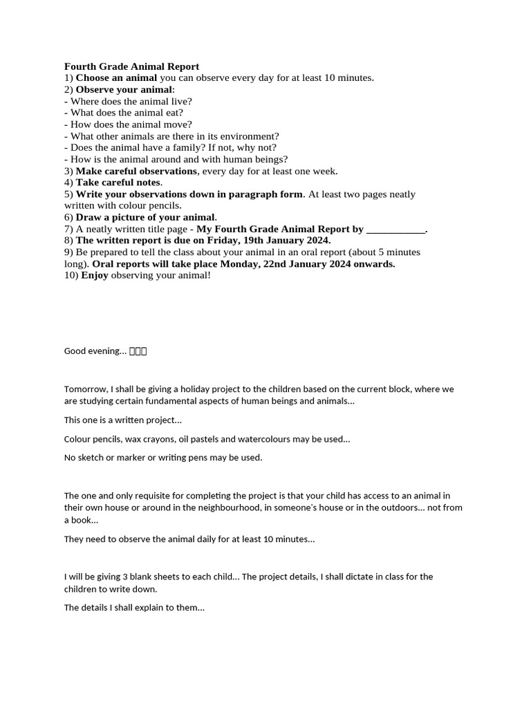 Fourth Grade Animal Report as dictated in class and note to parents | PDF