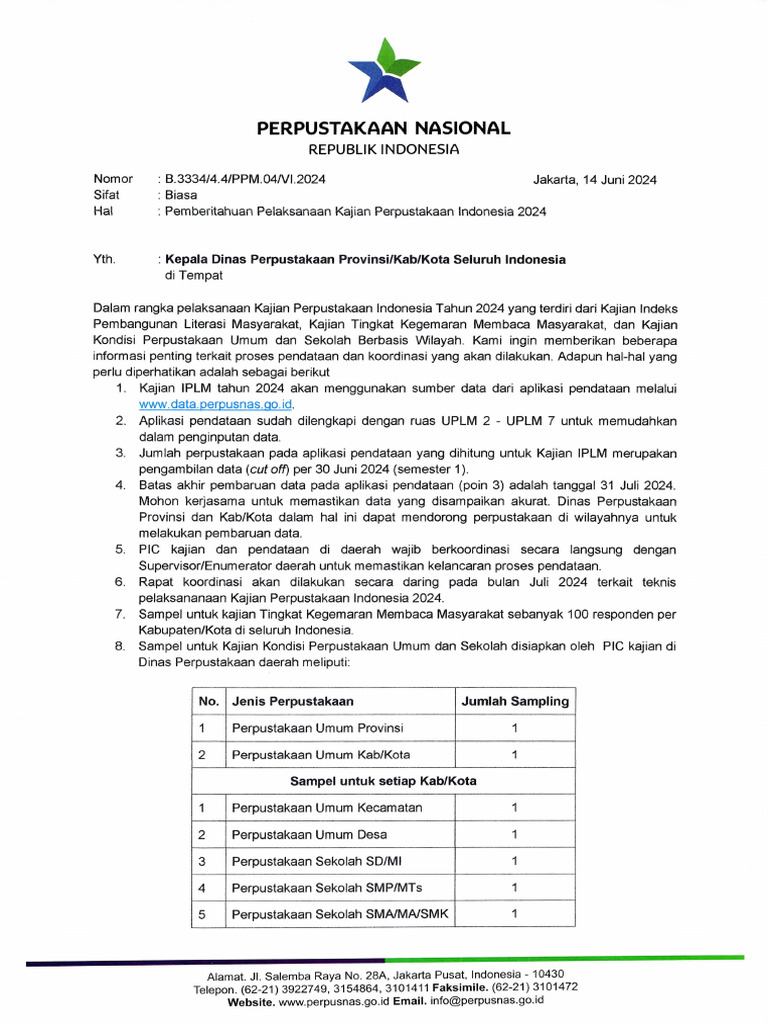 Pemberitahuan Pelaksanaan Kajian Perpustakaan Indonesia 2024 | PDF