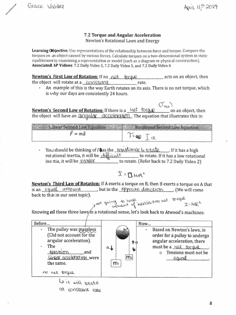 7 2 Torque And Angular Acceleration Notes 2 Pdf