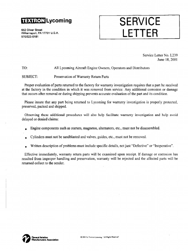 Lycoming Warranty Return Parts Guidelines | PDF