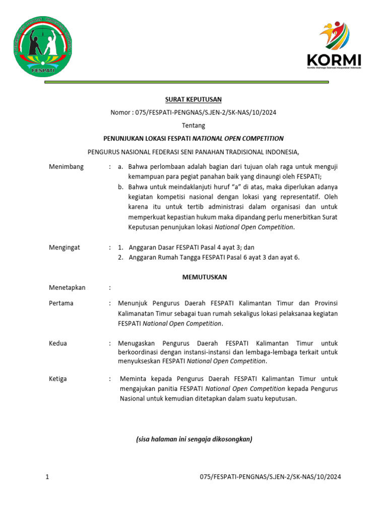 075 SK Penetapan Lokasi FESPATI National Open Competition | PDF