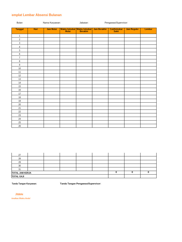 Templat Lembar Absensi Bulanan Jibble | PDF