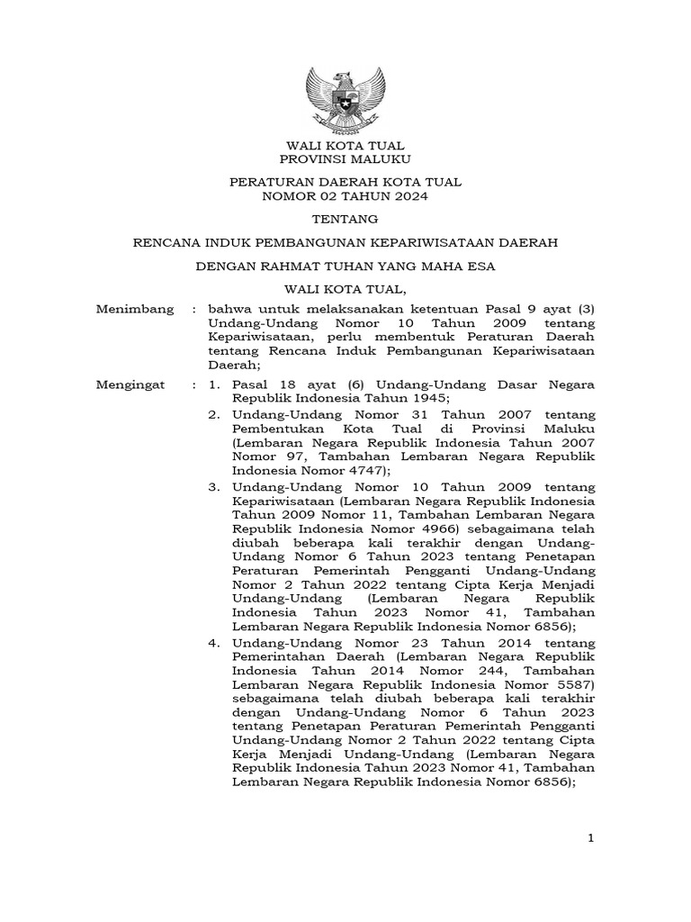 Perda Nomor 02 Tahun 2024 Ripparda Kota Tual | PDF