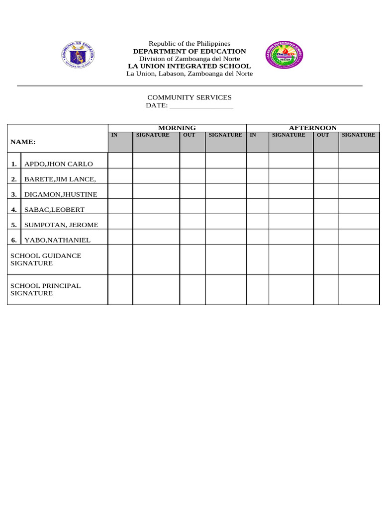 La Union Integrated School Attendance Log | PDF