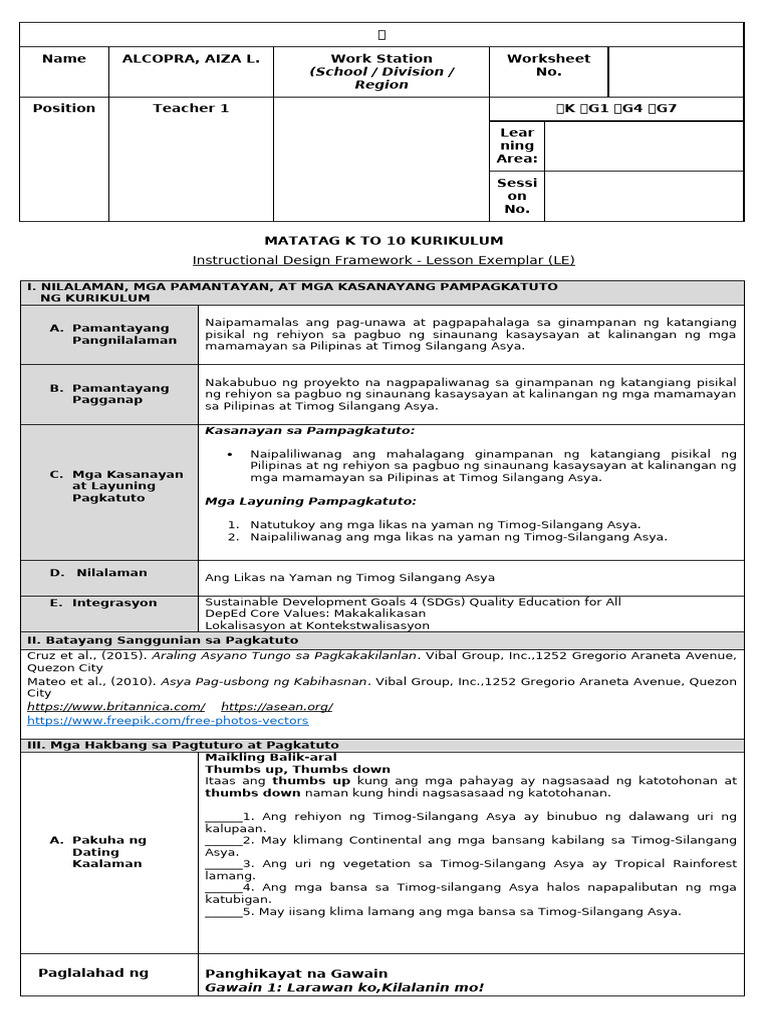 (School / Division / Region: Instructional Design Framework - Lesson ...
