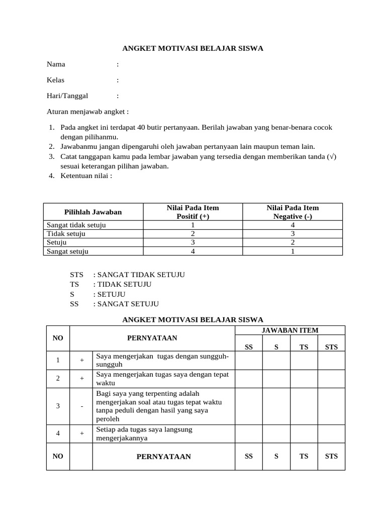 Angket Motivasi Belajar Siswa | PDF