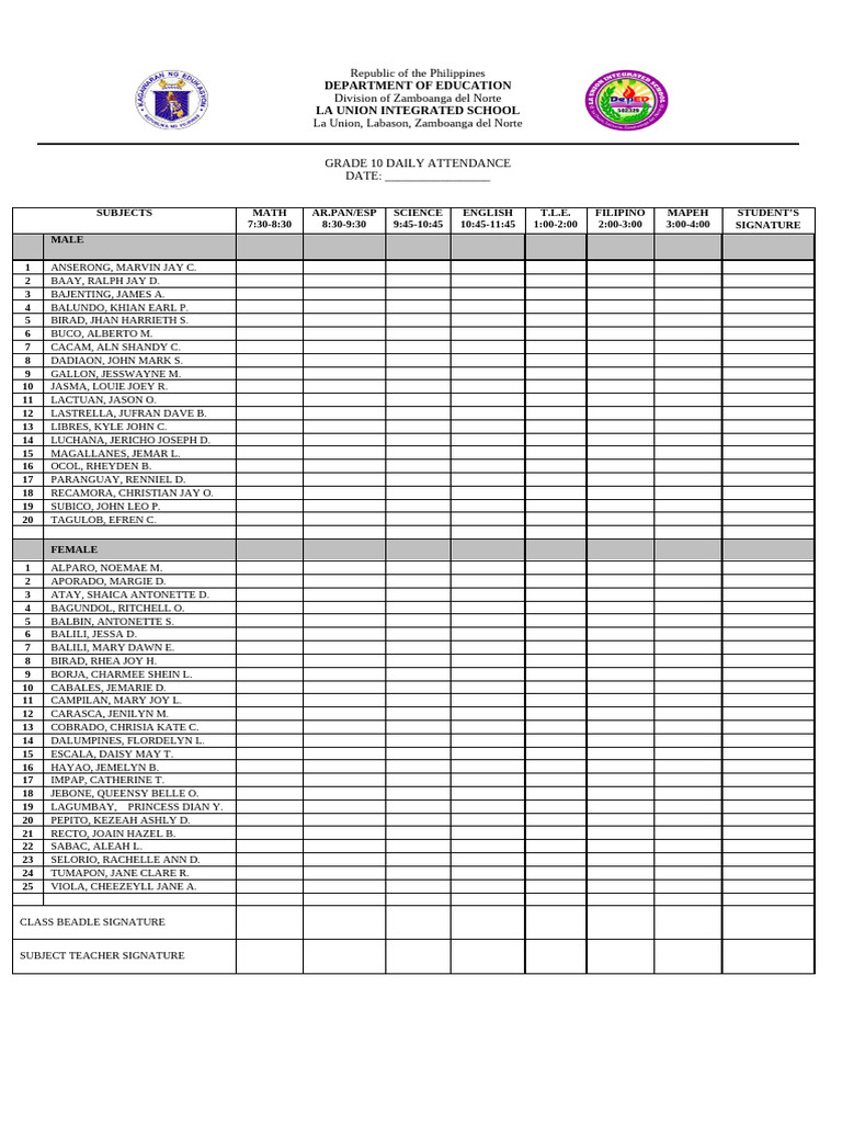 Grade 10 Daily Attendance Sheet | PDF