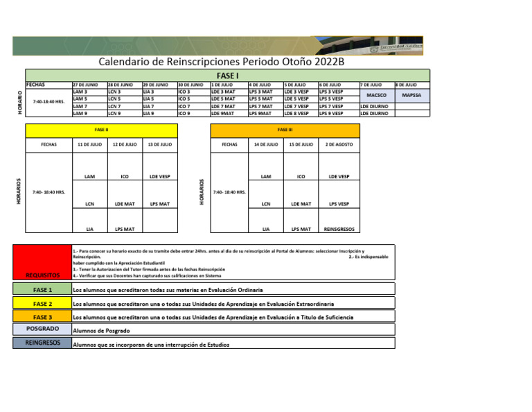 Calendario de Reinscripción 2022B | PDF