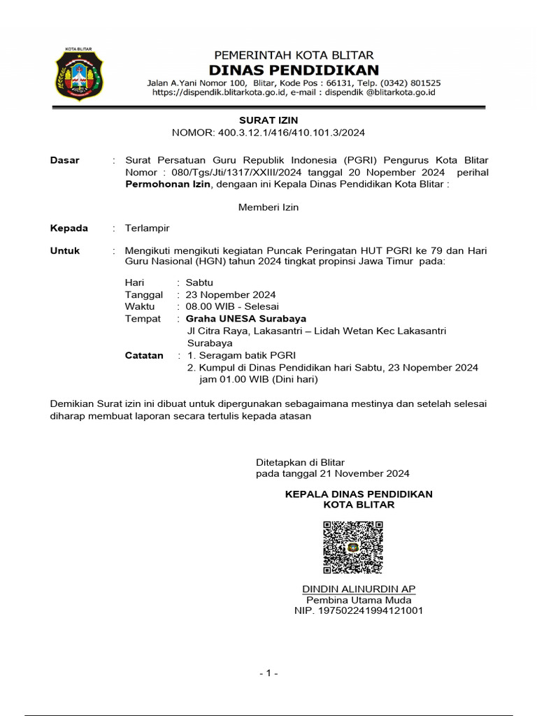 Surat Izin HUT PGRI & HGN TH 2024 | PDF