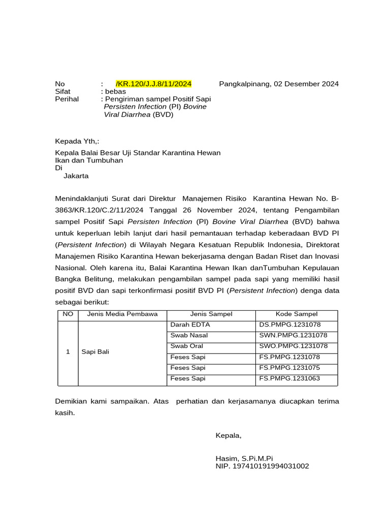 Pengiriman Sampel BVD PI Sapi ke Jakarta | PDF