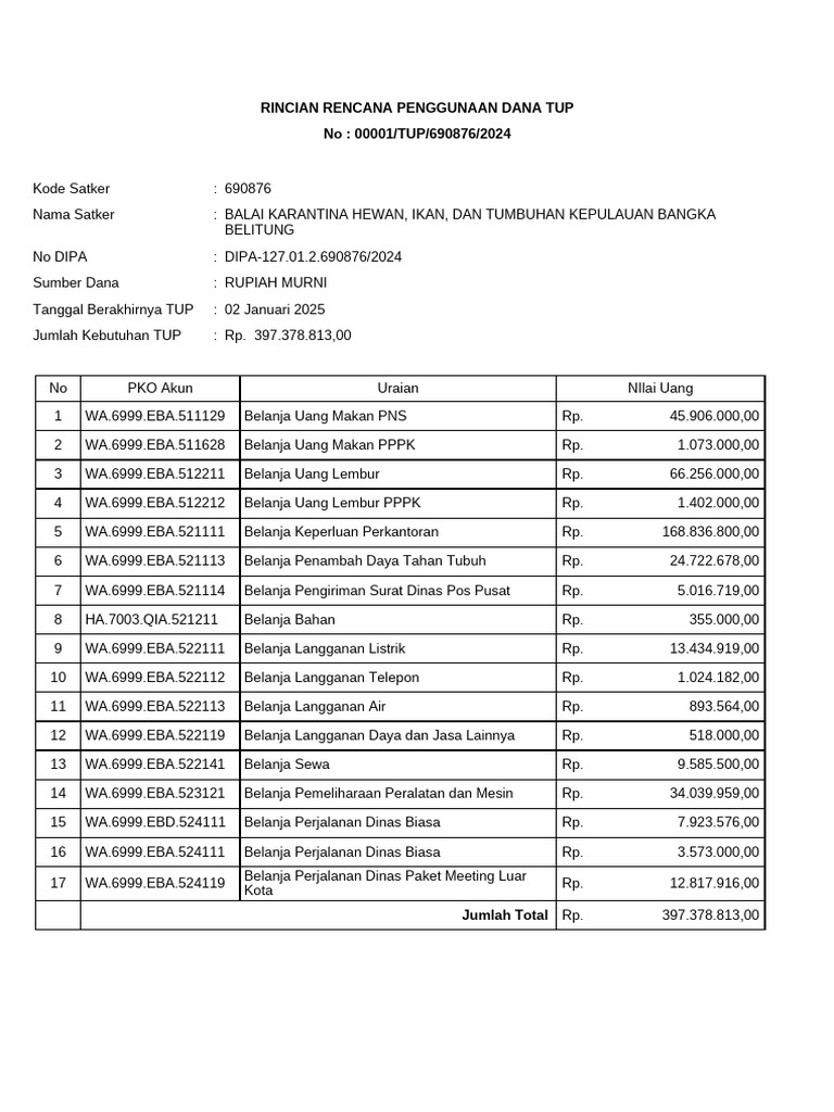 Rincian Rencana Penggunaan Dana Tup | PDF