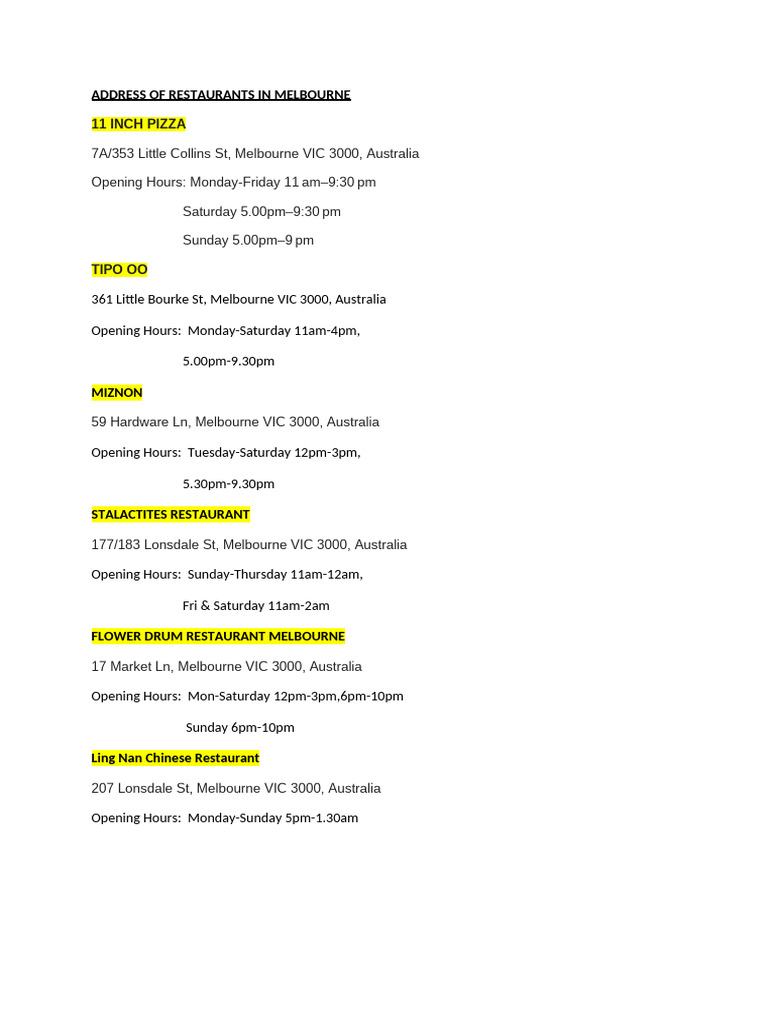 Melbourne Restaurant Addresses & Hours | PDF