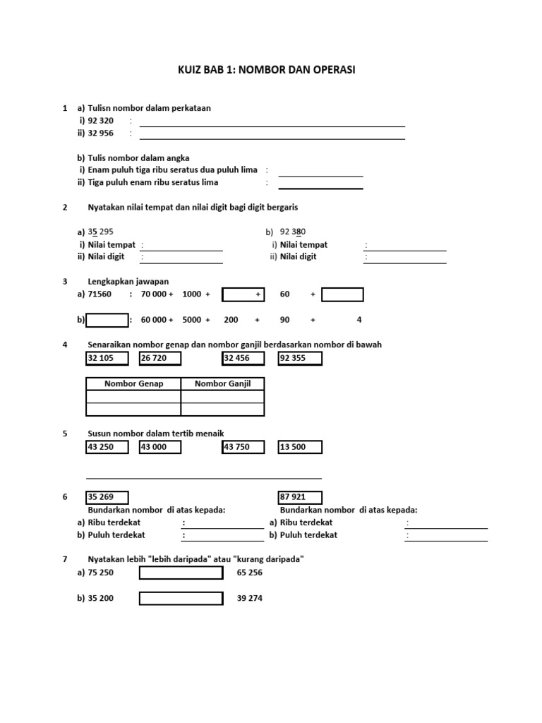 Kuiz Math Tahun 4 Unit 1 | PDF
