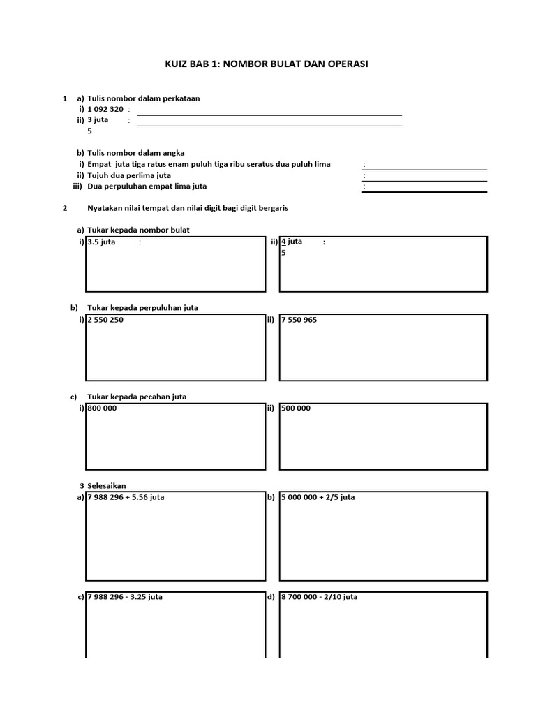Kuiz Math Tahun 6 Unit 1 | PDF