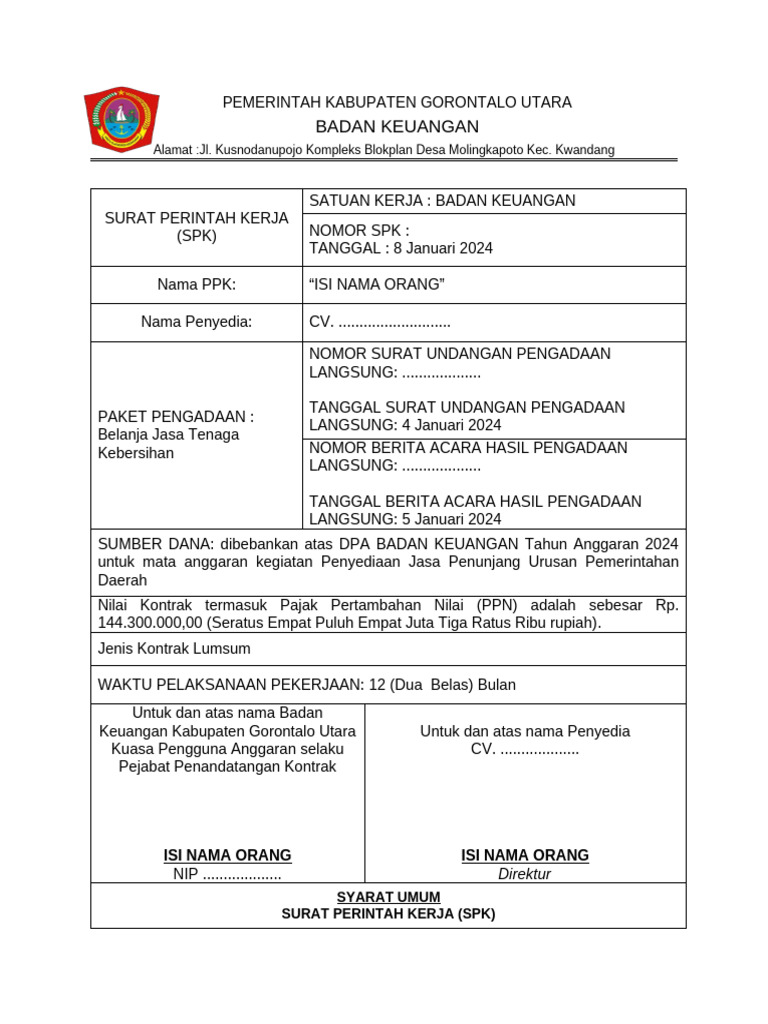 Contoh SPK Belanja Jasa Tenaga Kebersihan | PDF