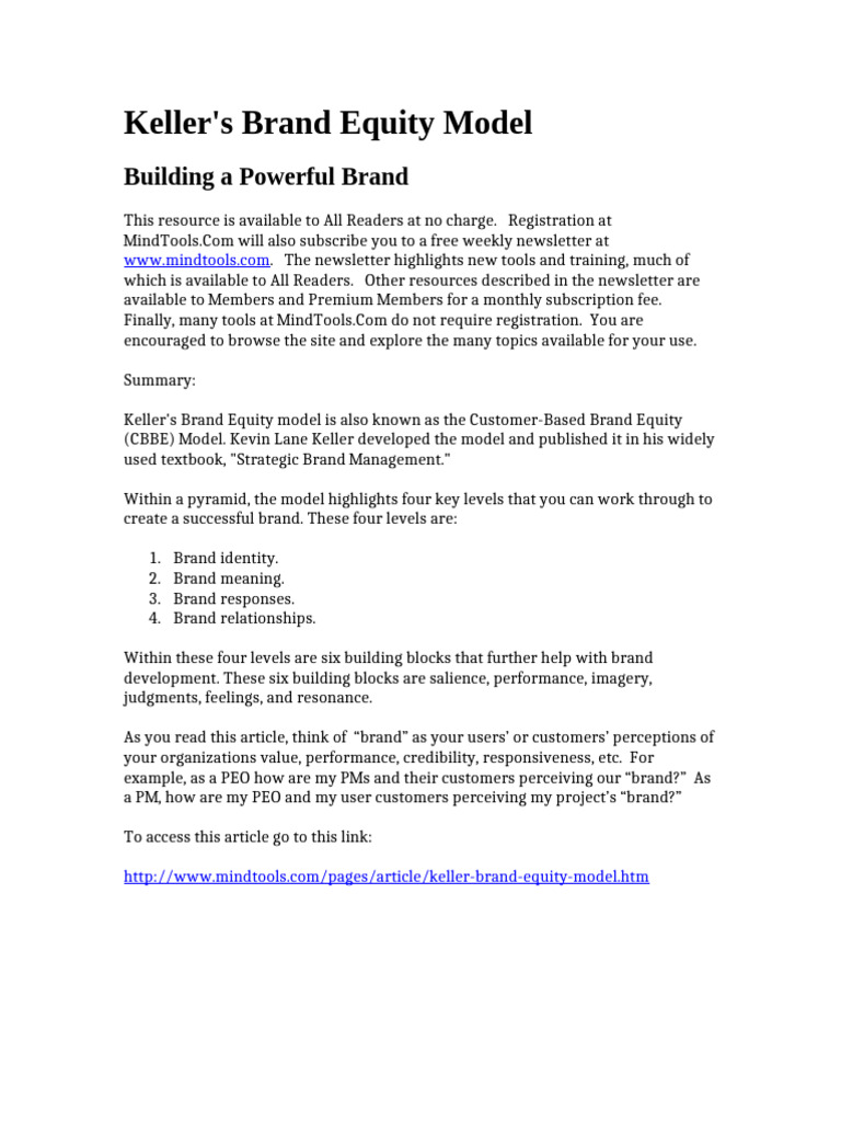 Kellers Brand Equity Model | PDF