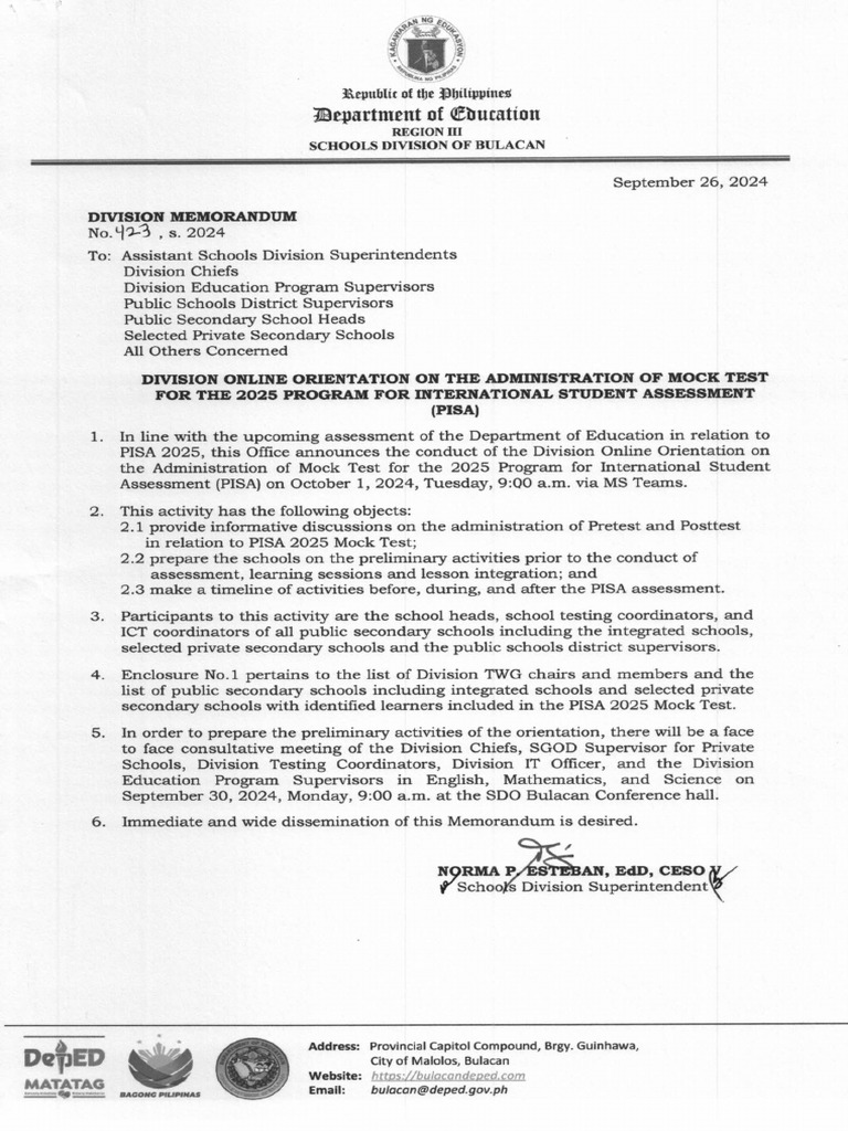 Division Memorandum No 423 S 2024 | PDF