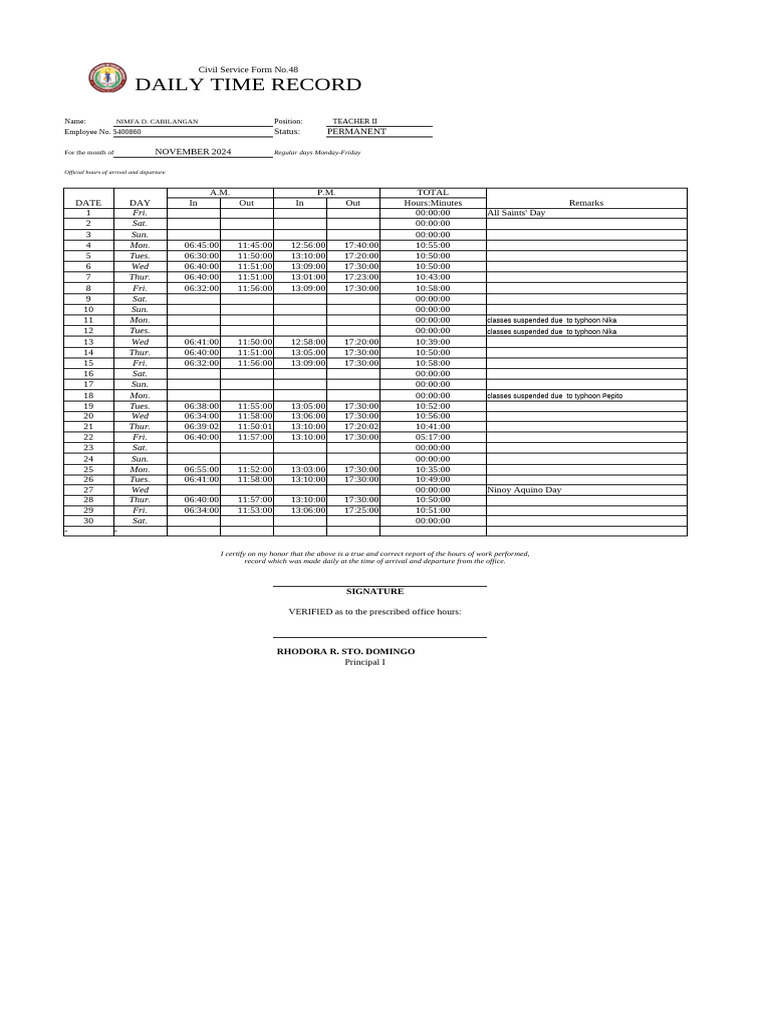 Template DTR With Mins November 2024 Nimfa | PDF