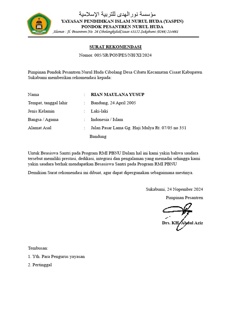 Surat Rekomendasi Rian | PDF