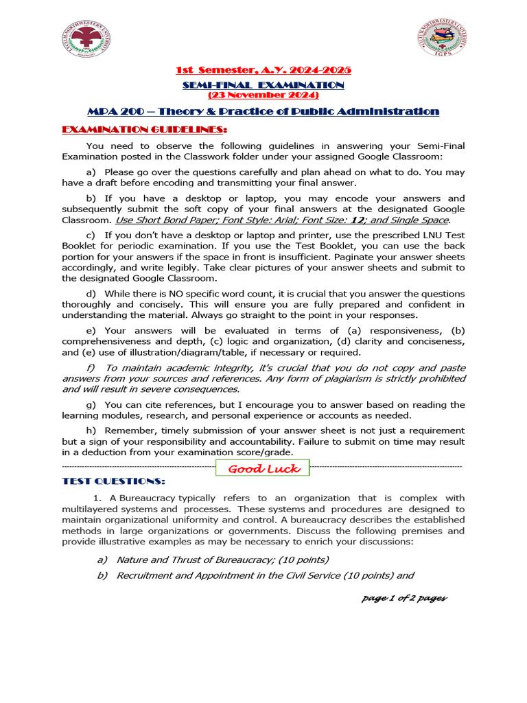 4-MPA 200 (T&P PA) Semi-Final Exam | PDF | Bureaucracy | Public ...