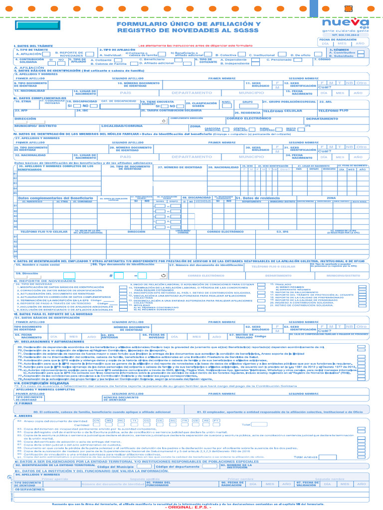 Nueva EPS Formulario Único de Afiliación 2025 Digital | PDF