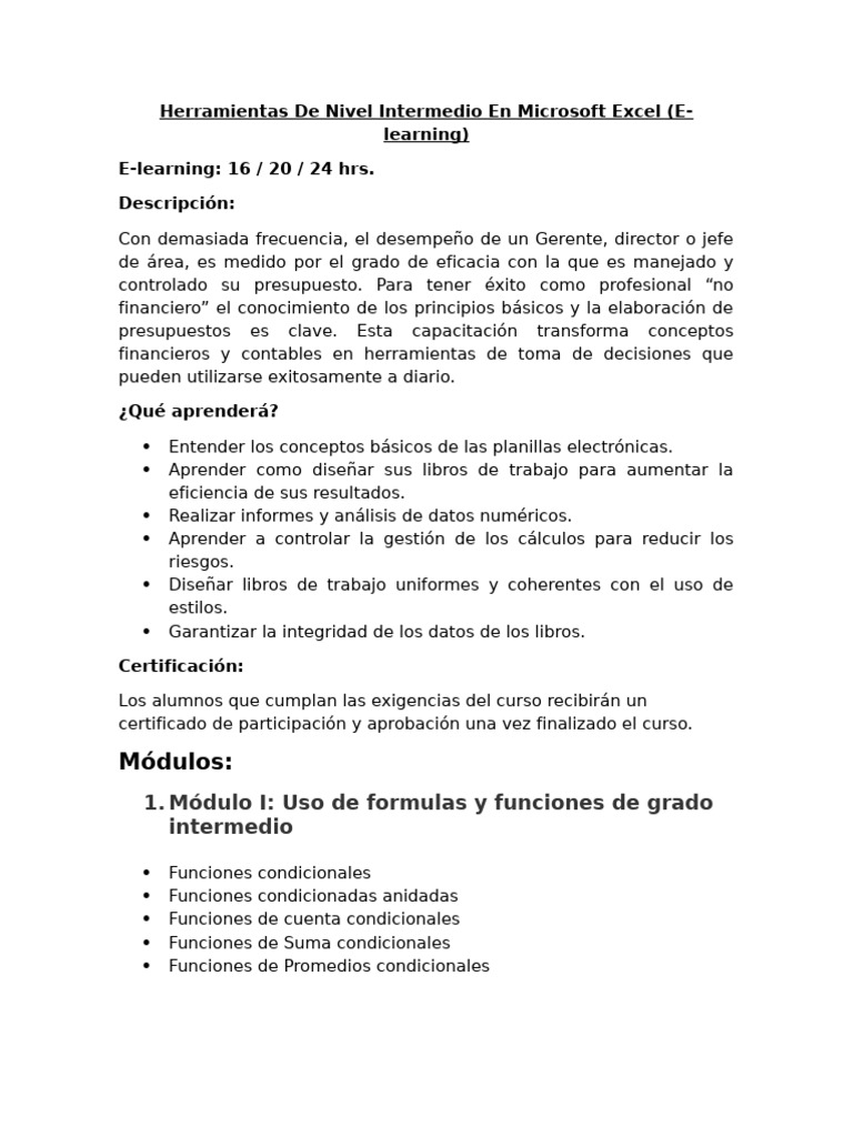 Brochure Excel Intermedio | PDF | Microsoft Excel | Moodle