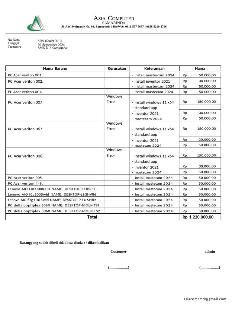 nota service PC 08 09 2024 | PDF | Personal Computers | Computer Hardware