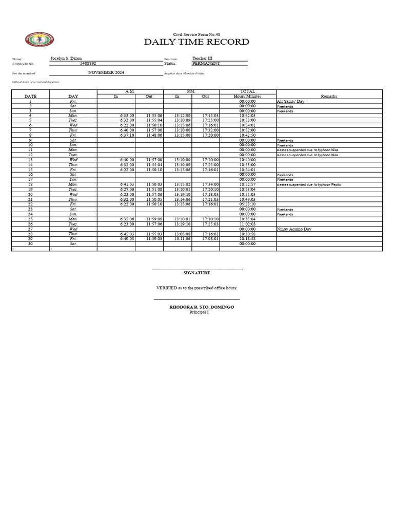 Template - DTR-WITH-MINS-NOVEMBER-2024. - Sheet1 | PDF