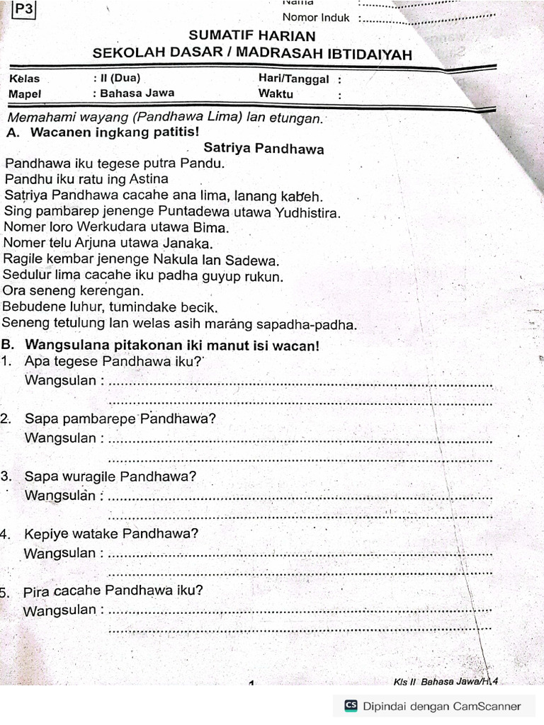 Latihan Soal Bahasa Jawa Kelas 2 SD | PDF