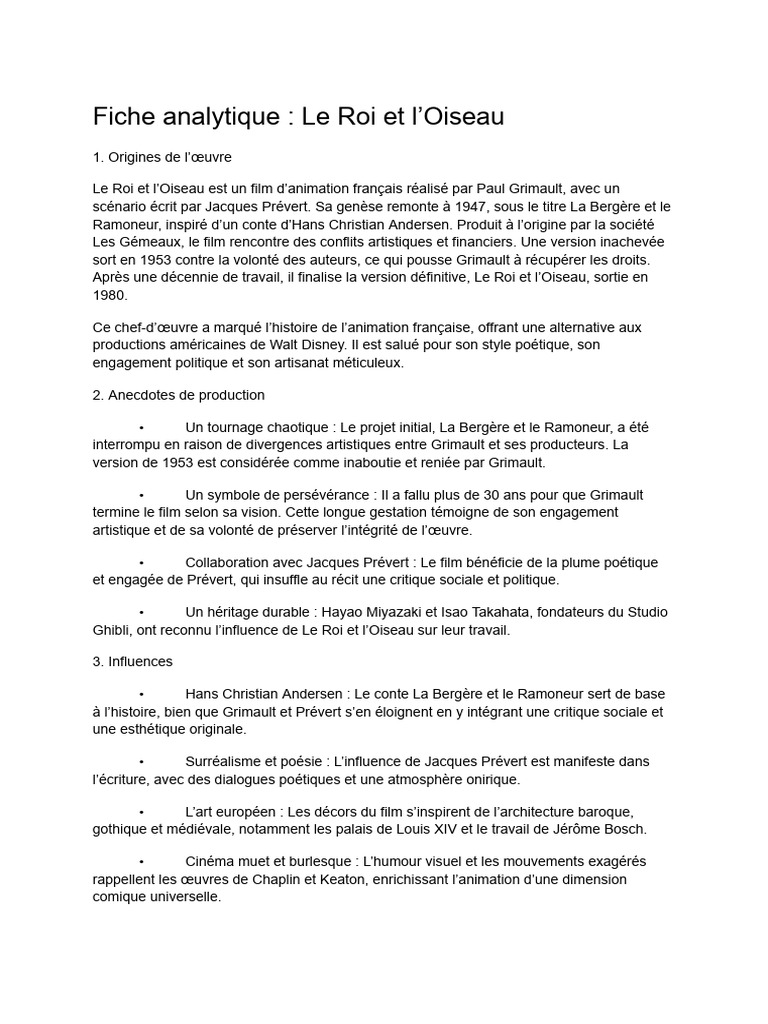 Analyse de "Le Roi et l'Oiseau" | PDF