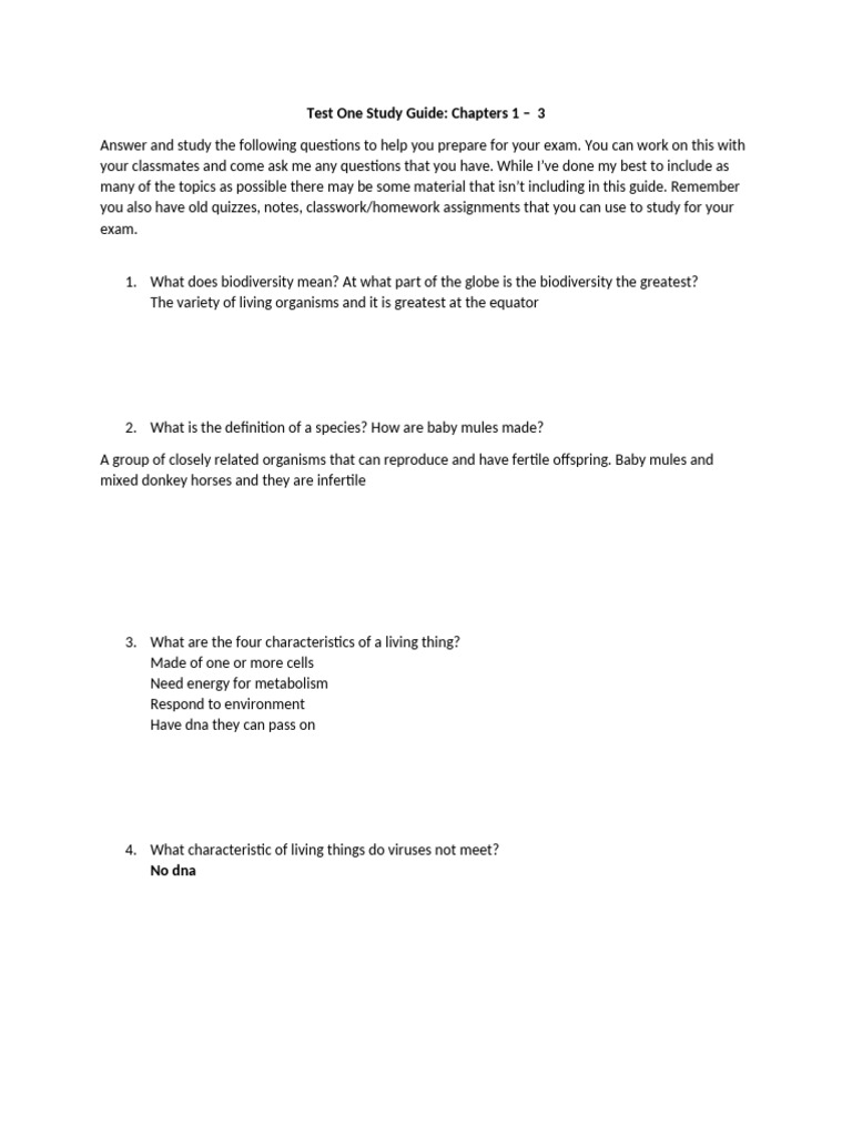Biology Exam Study Guide: Chapters 1-3 | PDF | Cell (Biology) | Cell ...