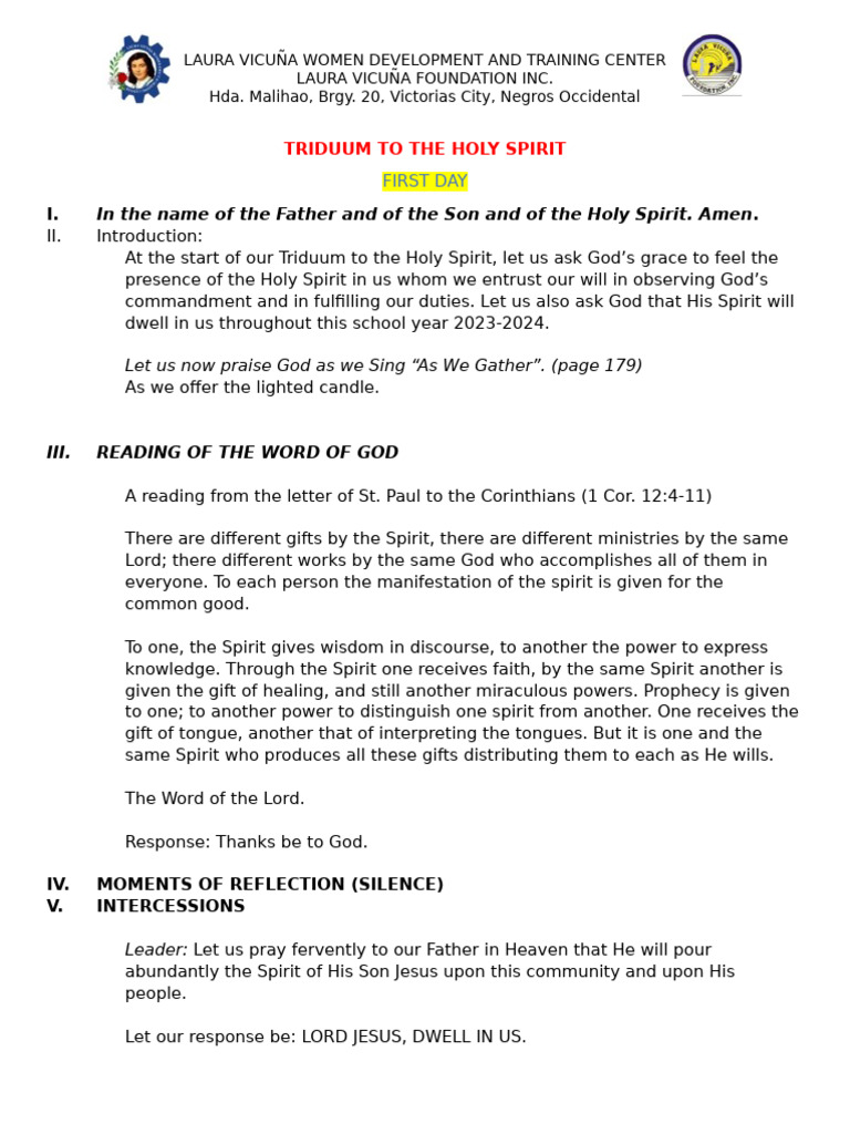 Triduum to the Holy Spirit Guide | PDF | Prayer | Anointing