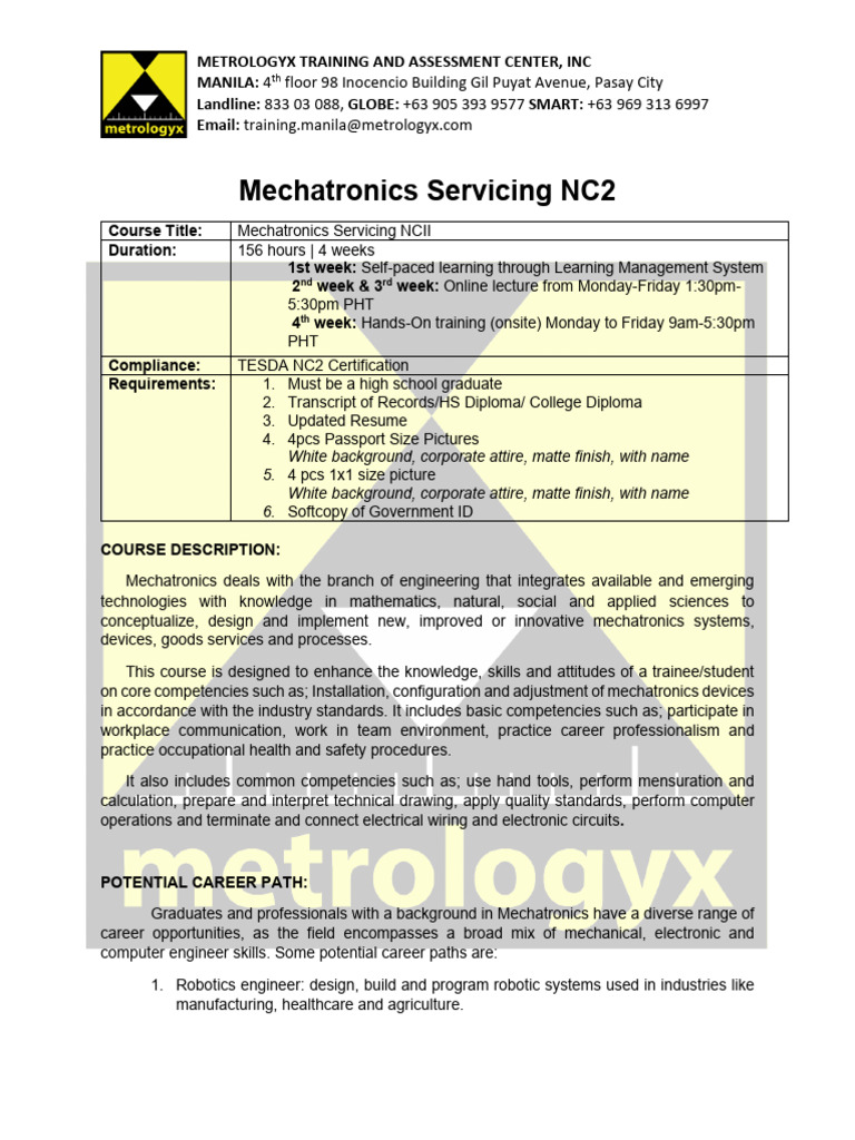 Mechatronics Servicing NC2 Training Outline | PDF | Programmable Logic ...