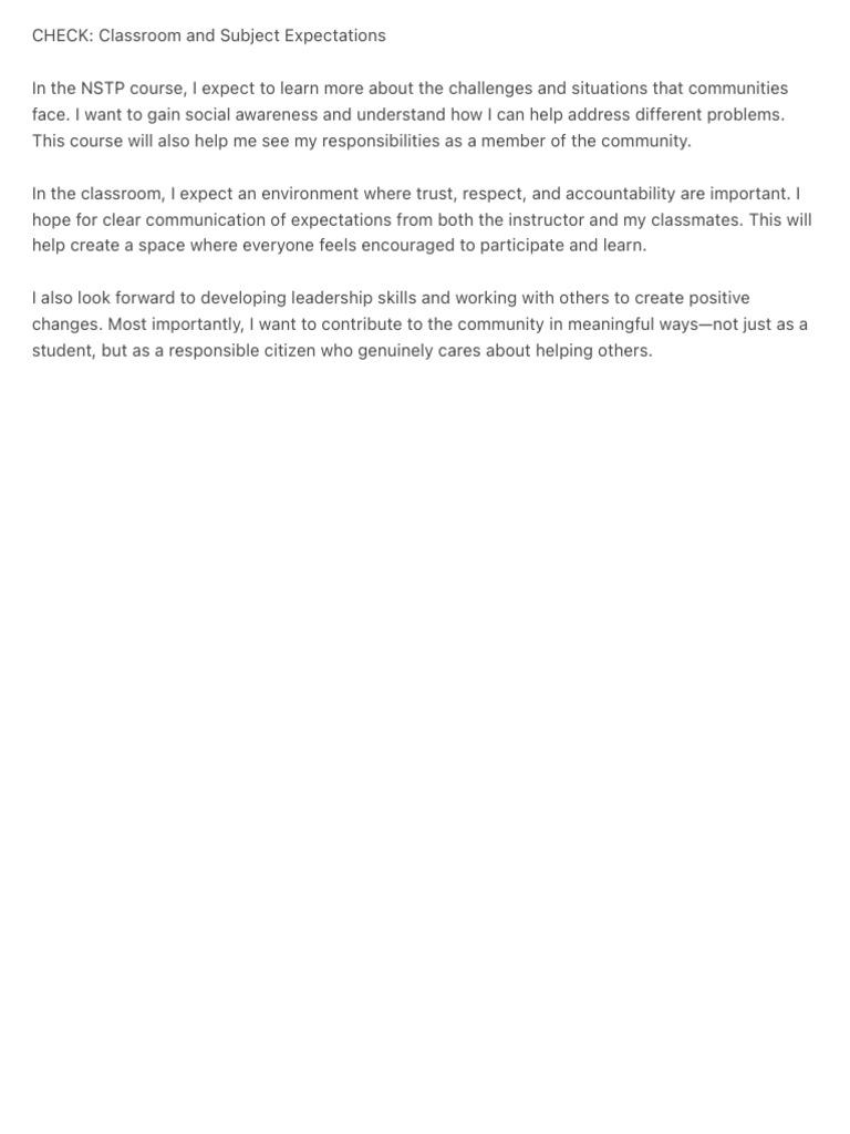 CHECK Classroom and Subject Expectations | PDF