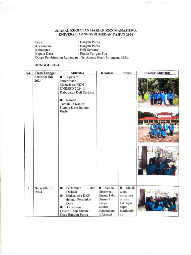 Jurnal Minggu Pertama KKN UNIMED 2024 DESA BANGUN PURBA | PDF