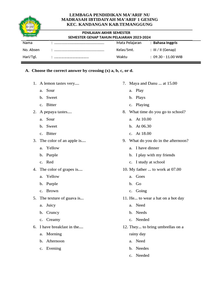 Soal bahasa inggris kelas 3 semester2 2023 | PDF | Edible Fruits | Fruit Soal bahasa inggris kelas 3 semester2 2023 | PDF | Edible Fruits | Fruit