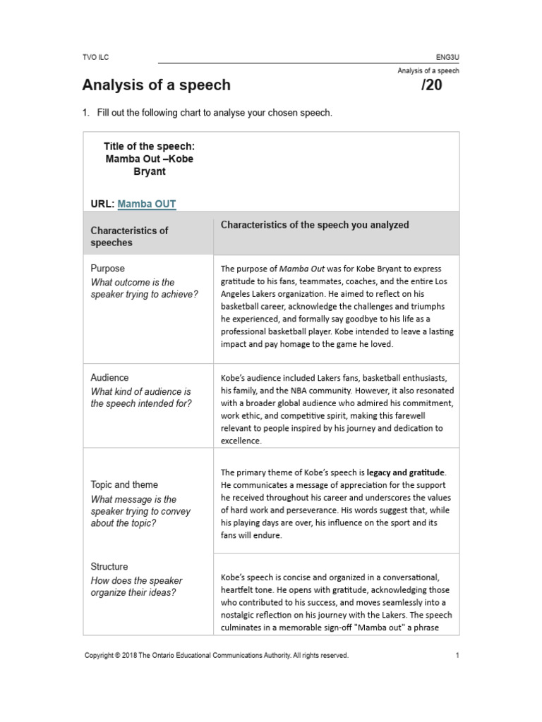 Eng3u 02 Analysis of A Speech | PDF | Kobe Bryant | Nonverbal Communication
