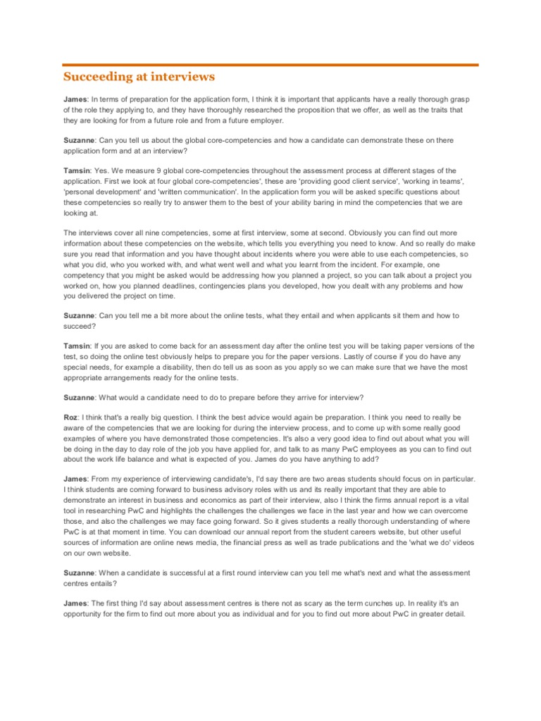 Succeeding at PWC Interviews | PDF