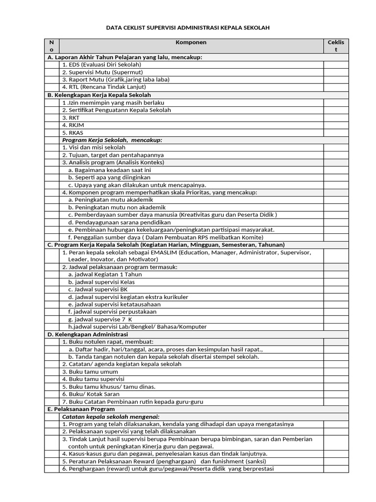 Data Ceklist Supervisi Administrasi Kepala Sekolah | PDF